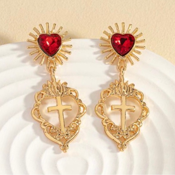 Jewelry | Sacred Heart Cross Exploding Sunburst Red Fiery Ornate ...
